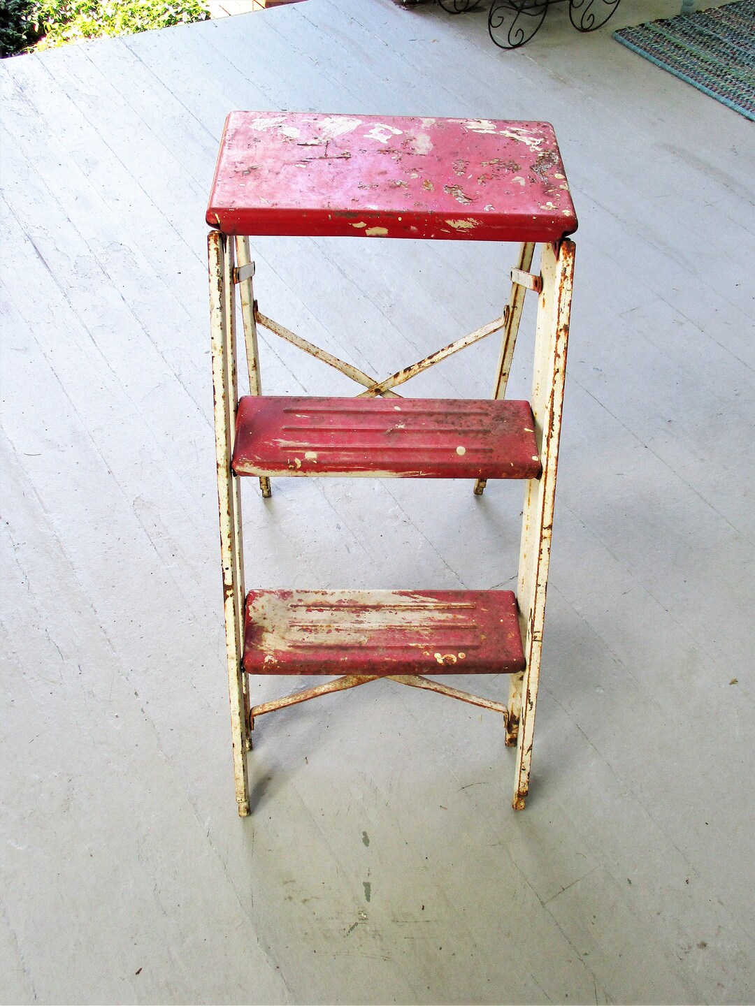 Vintage Metal Step Stool Red White Folding Ladder Rusty Industrial - Etsy