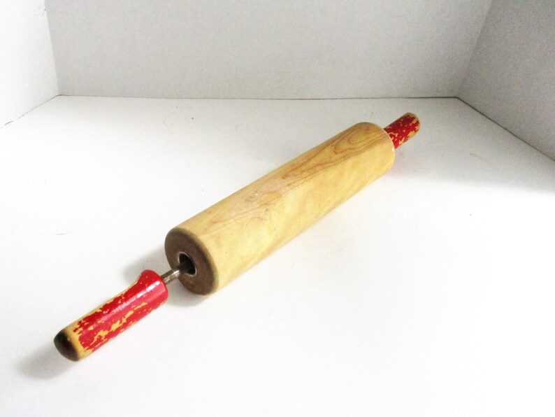 Vintage Rolling Pin Red Handle Chippy Light Wood Grain - Etsy