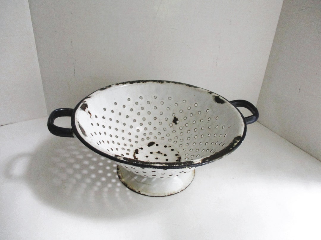 Vintage Colander Cobalt Blue White Enamel 1930's Kitchen Wall Hanging ...