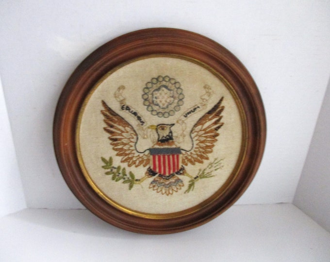 Vintage Embroidered Eagle Round Frame Hand Stitched Americana Wall Art ...