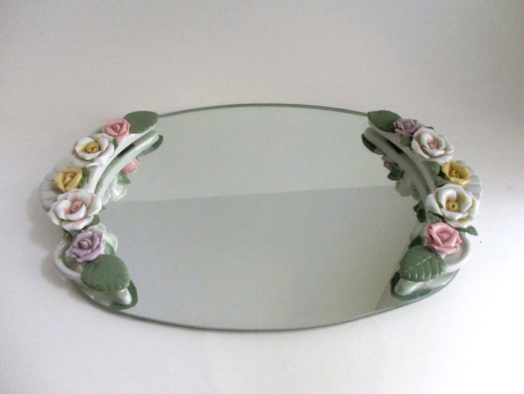 Vintage Vanity Mirror Oval Capodimonte Roses - Etsy