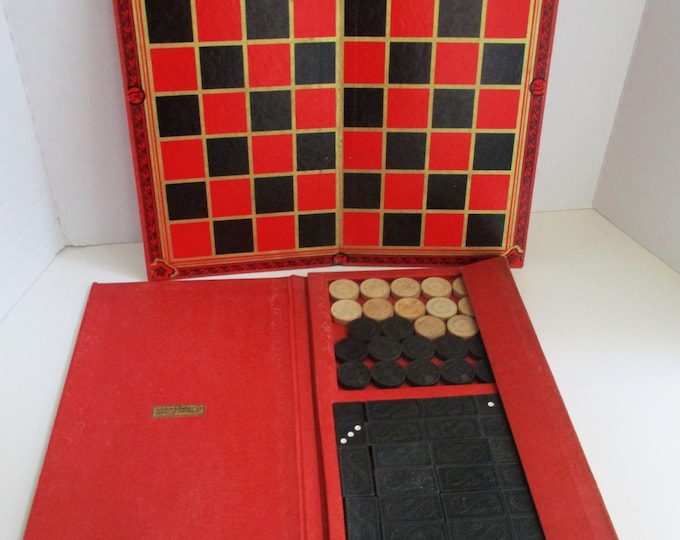 Vintage Checkers Game Board Dragon Dominoes Wood Checkers Selchow ...