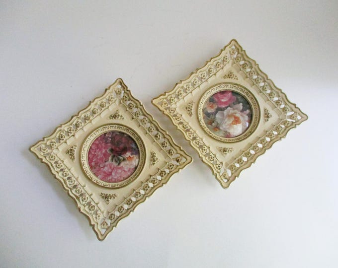 Vintage Pair Cameo Frames Ornate Metal Floral Under Glass Wall Hanging ...