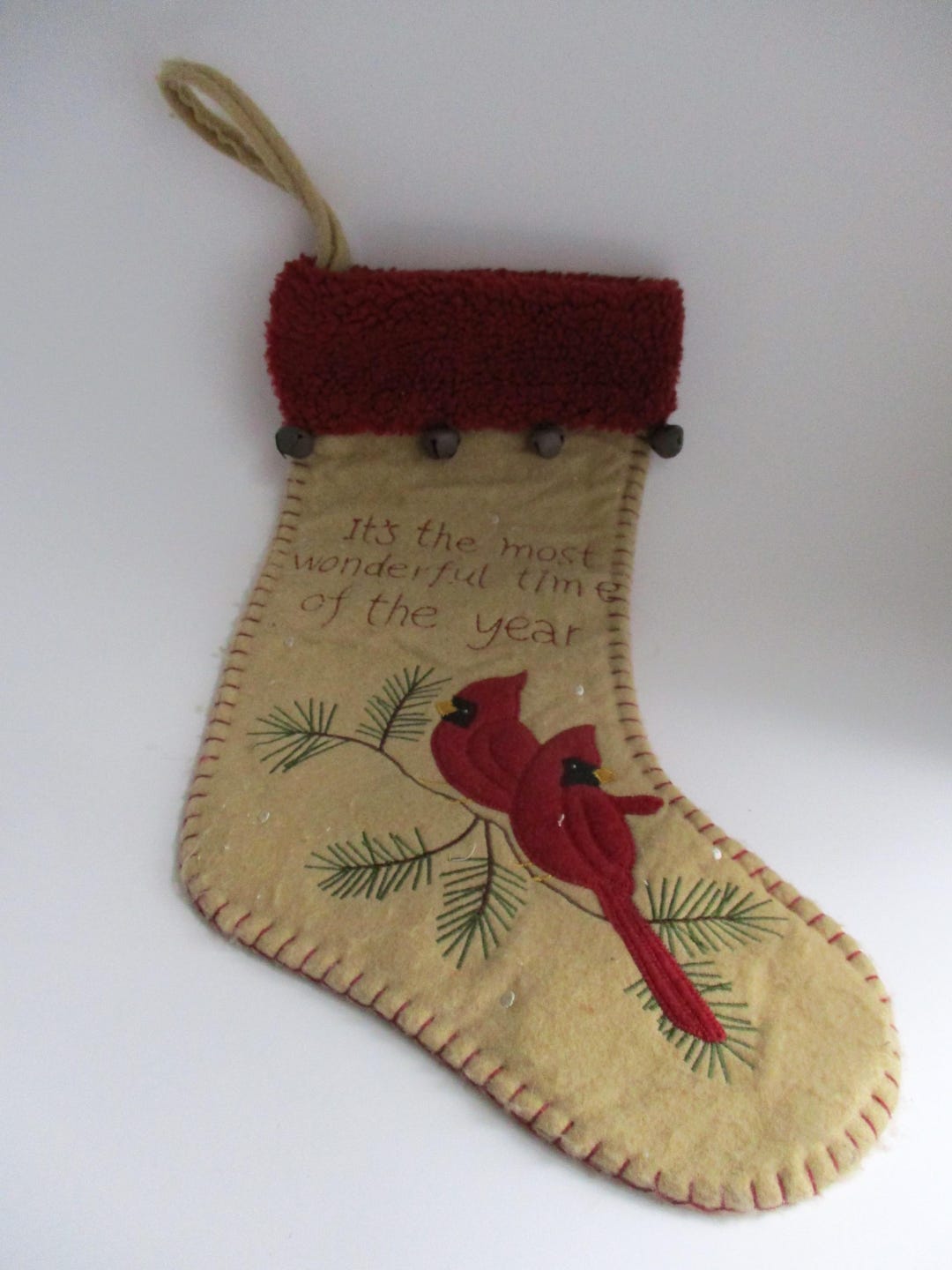 Vintage Christmas Stocking: Felt Cardinals & Jingle Bells - Etsy