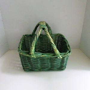 Vintage Green Wicker Basket Double Handle - Etsy