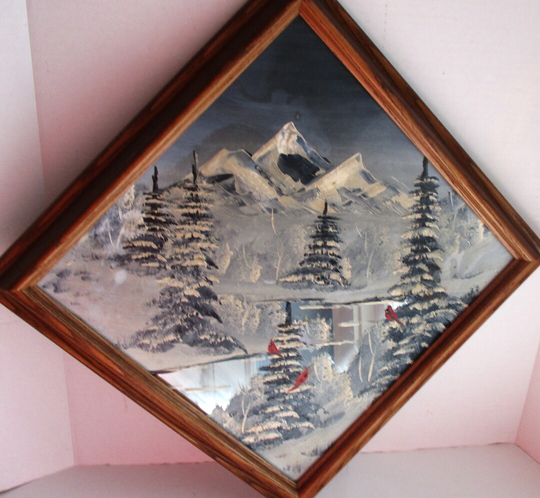 Vintage Oil Painting on Mirror Winter Cardinals Originals by Ram - Etsy