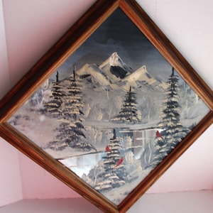 Vintage Oil Painting on Mirror Winter Cardinals Originals by Ram 14 X ...