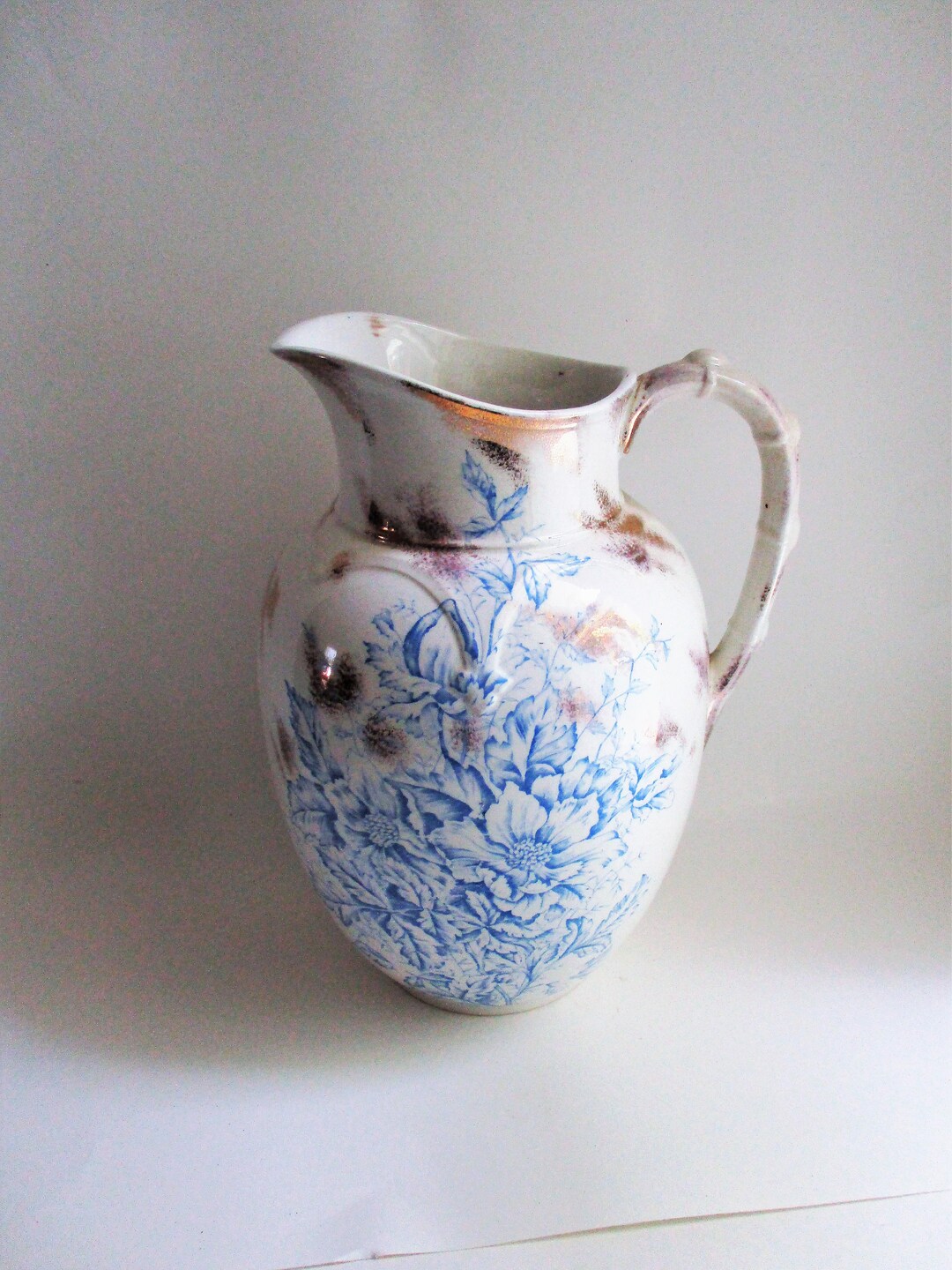 Antique Pitcher Blue Transferware Gold Gilt Adamantine China 4 Quart ...