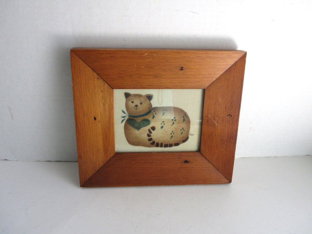 Vintage Framed Theorem Folk Art Cat With Heart Artist Signed Wall Art ...