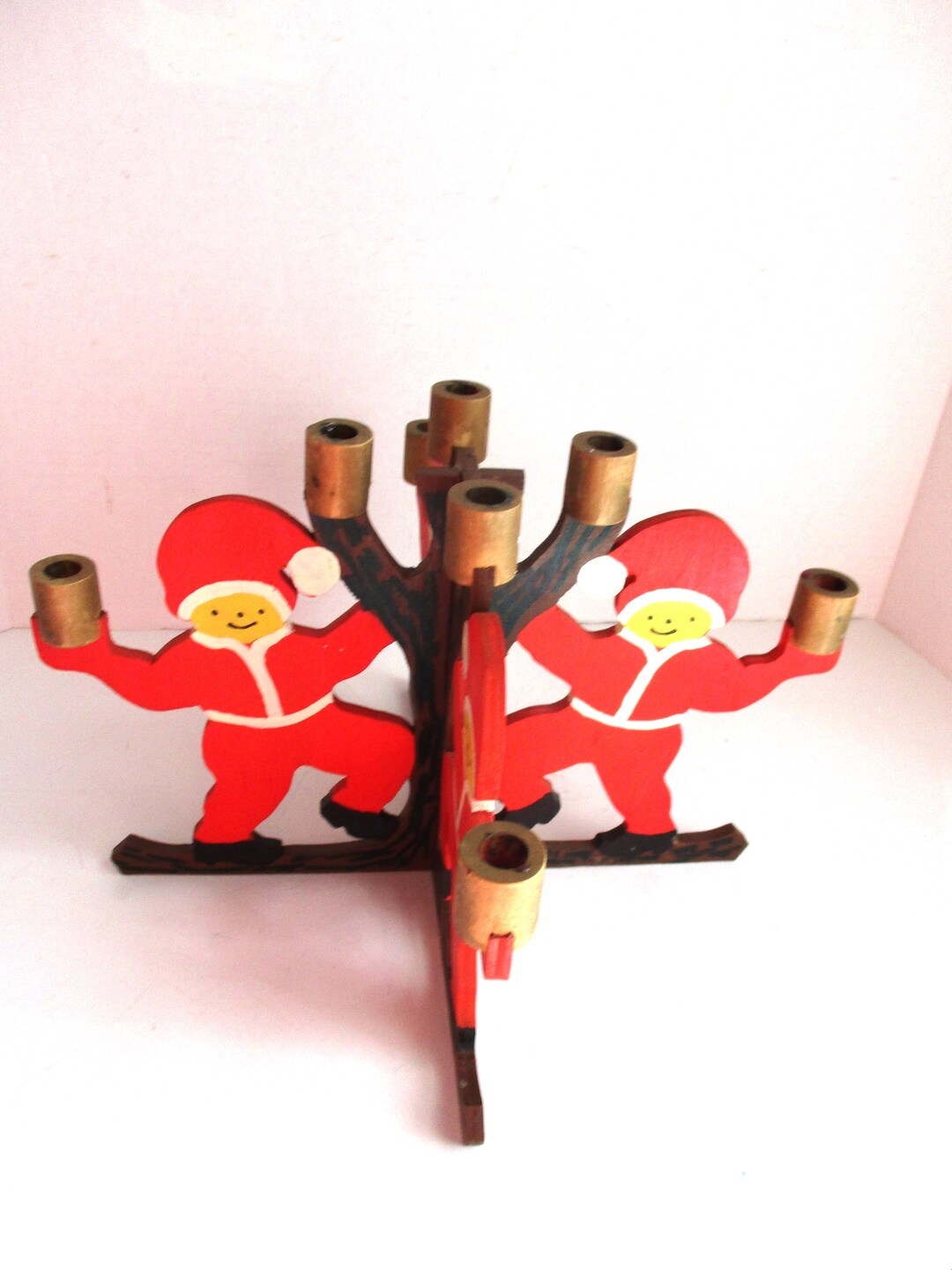 Vintage Santa Candle Holder Wood Hand Painted Four Santas Hold 8 ...