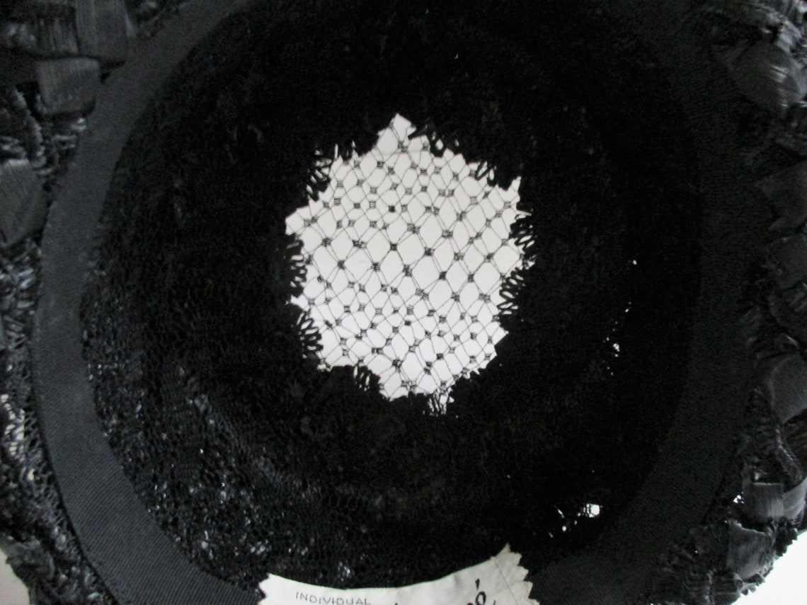 Vintage Ladies Hat Black Straw Lace Mesh Bow Le Charme | Etsy