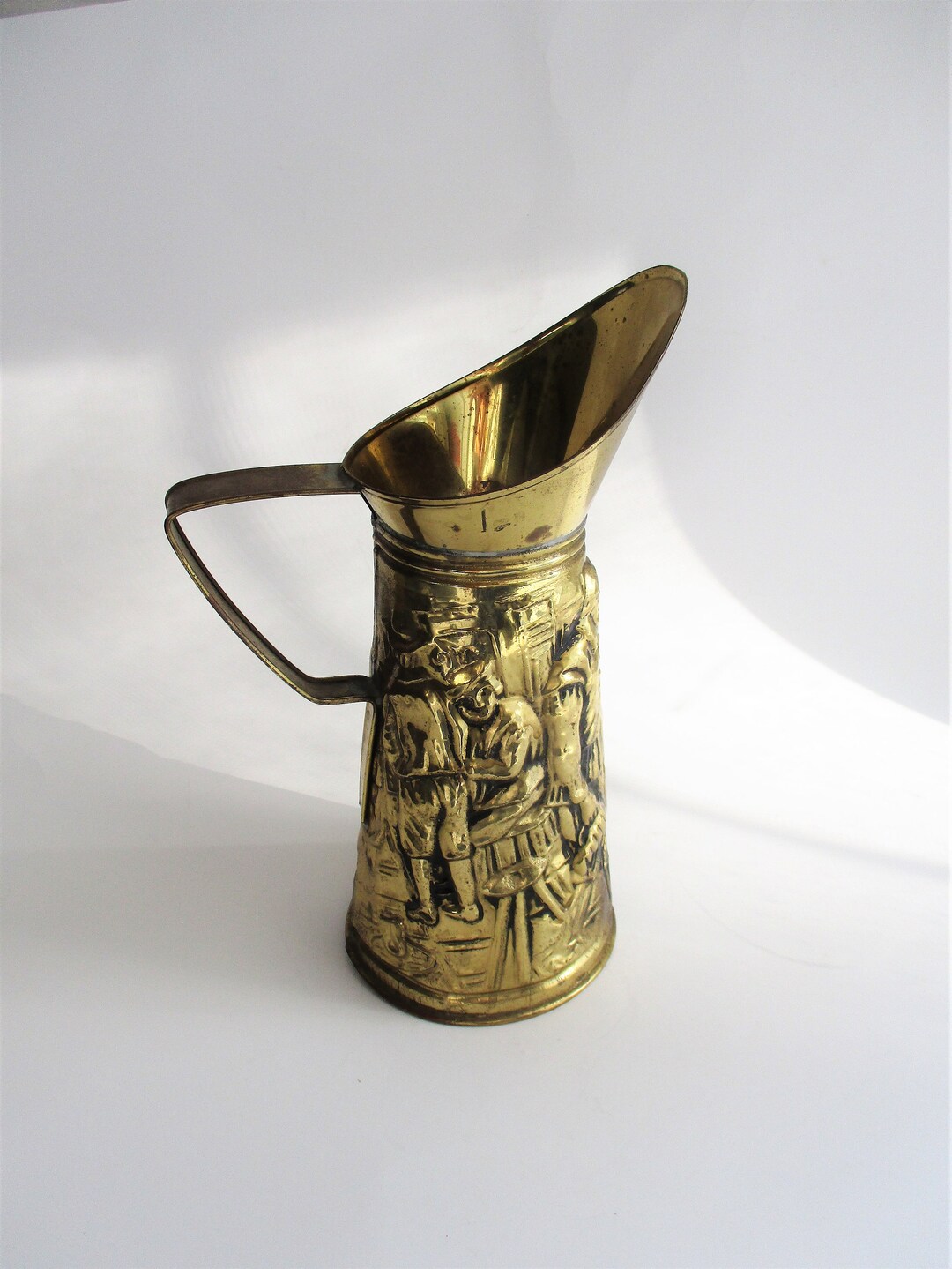 Vintage Brass Pitcher Embossed Tavern Scene WATERTIGHT Flower Vase Made ...