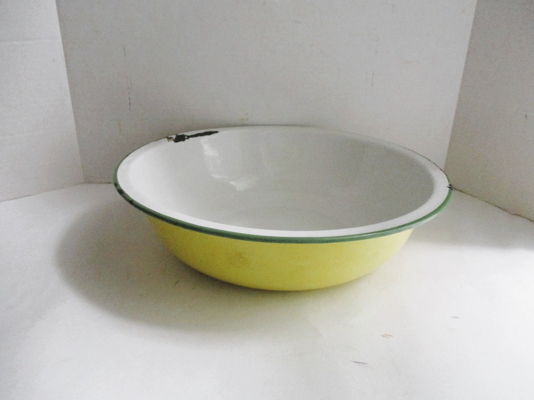 Vintage Yellow Enamel Bowl Green Trim 12" - Etsy