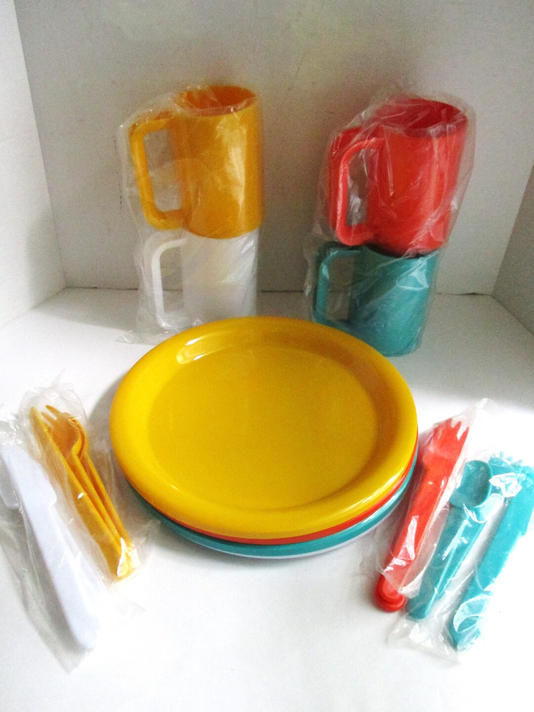 Vintage Plastic Dinnerware Four Place Setting Retro Colors - Etsy