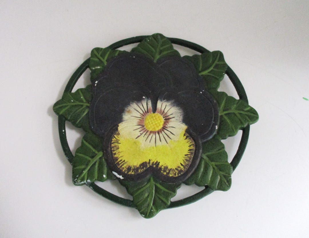Vintage Pansy Trivet Cast Iron Yellow Black - Etsy