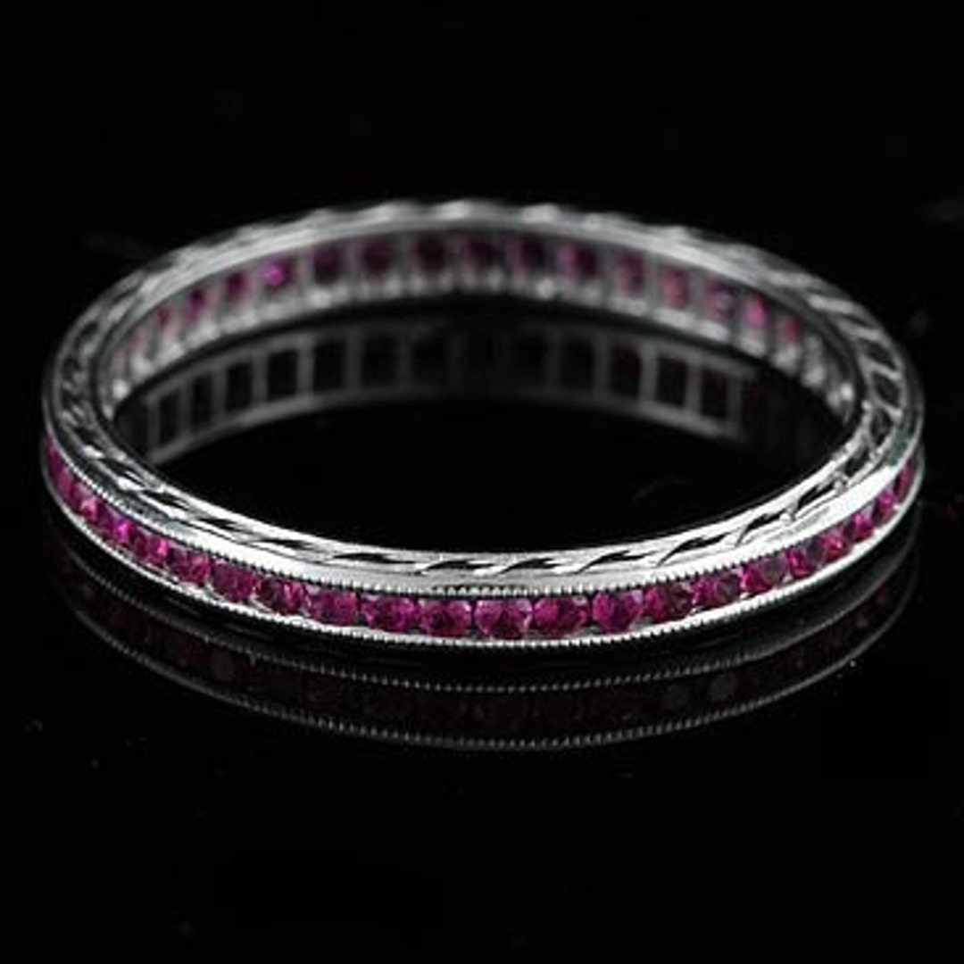 Pink Sapphire Wedding Band, Eternity Wedding Ring, Hand Engraved ...