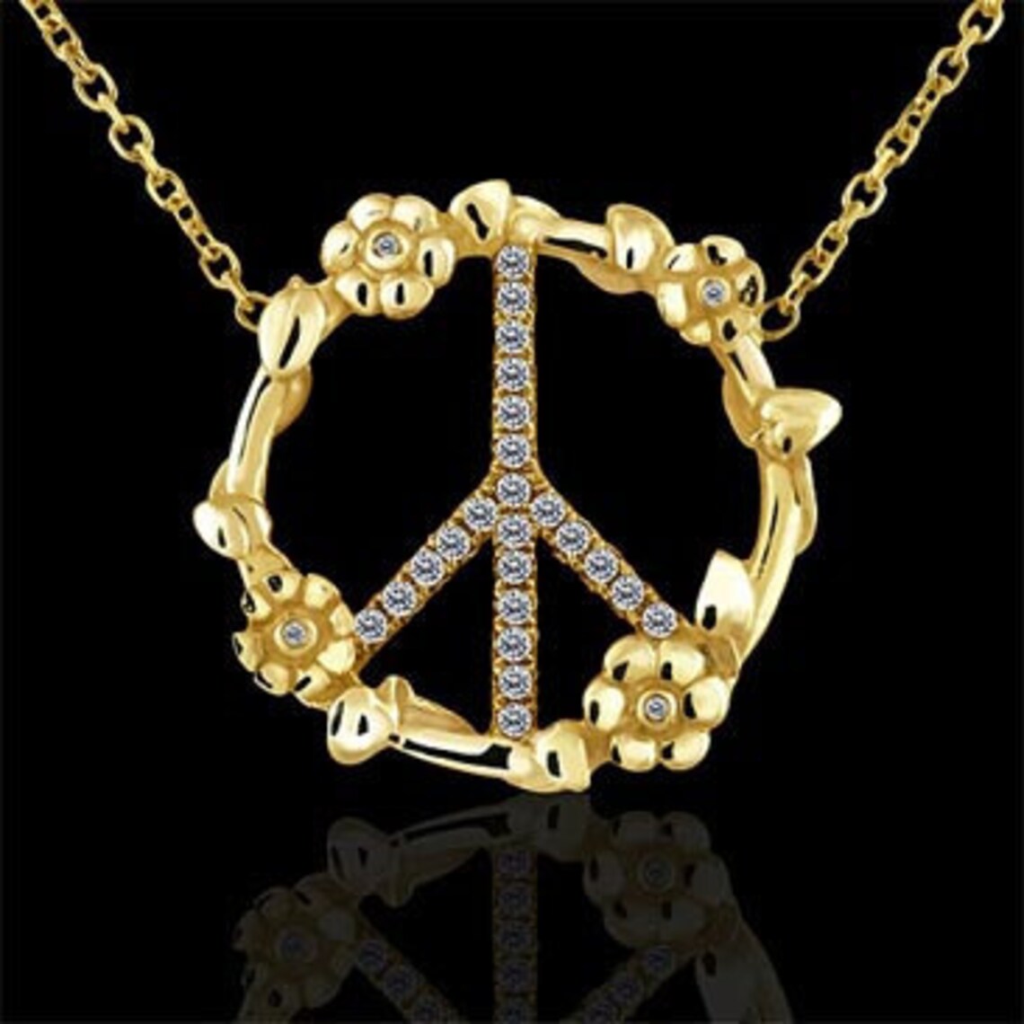 Diamond Peace Sign Necklace Flower Peace Sign Gold Pendant | Etsy