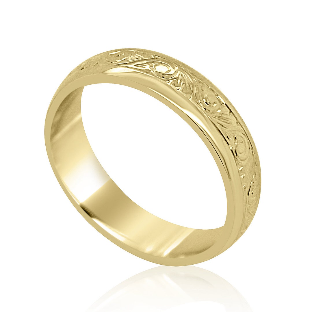 Scroll Engraved Men's Wedding Ring 18k Yellow Gold 4mm, Art Nouveau ...