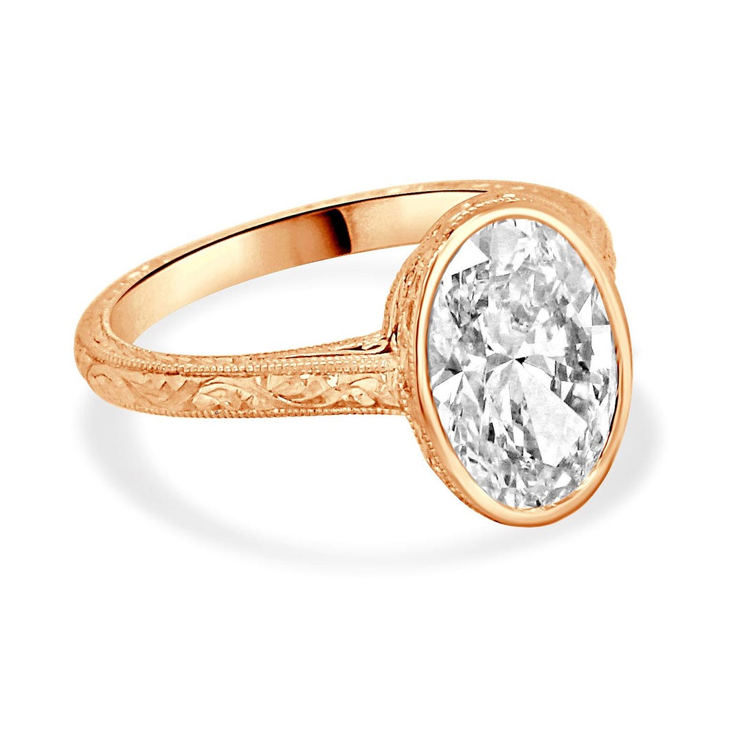 Art Deco Oval Diamond Ring, Hand Engraved Bezel Set Diamond, Antique ...