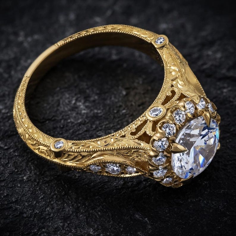 Vintage Filigree Engagement Ring, Art Deco Lab Diamond Halo, Hand ...