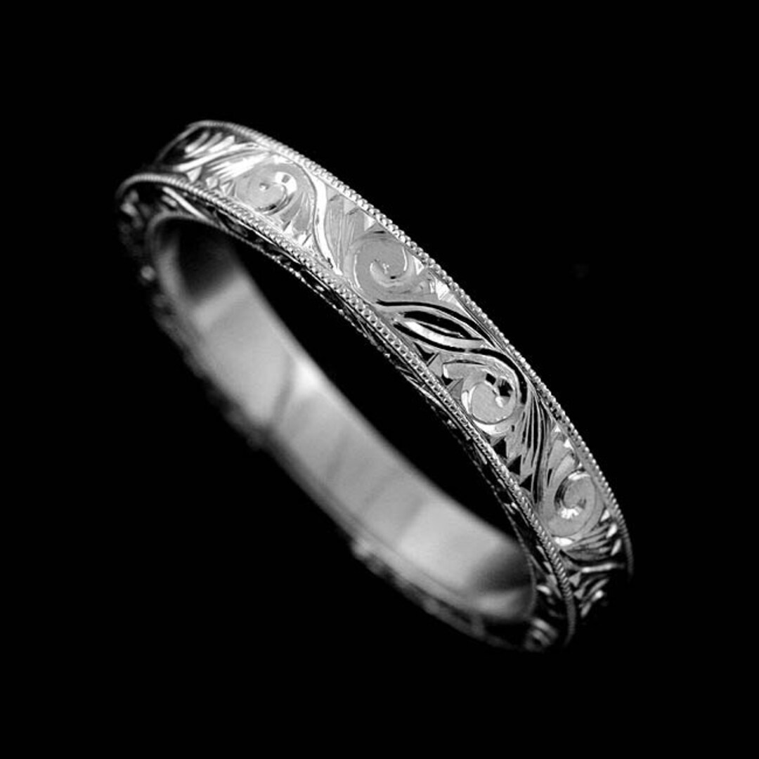Silver Engraved Wedding Ring, Silver Women's Wedding Band, Scroll Flat ...