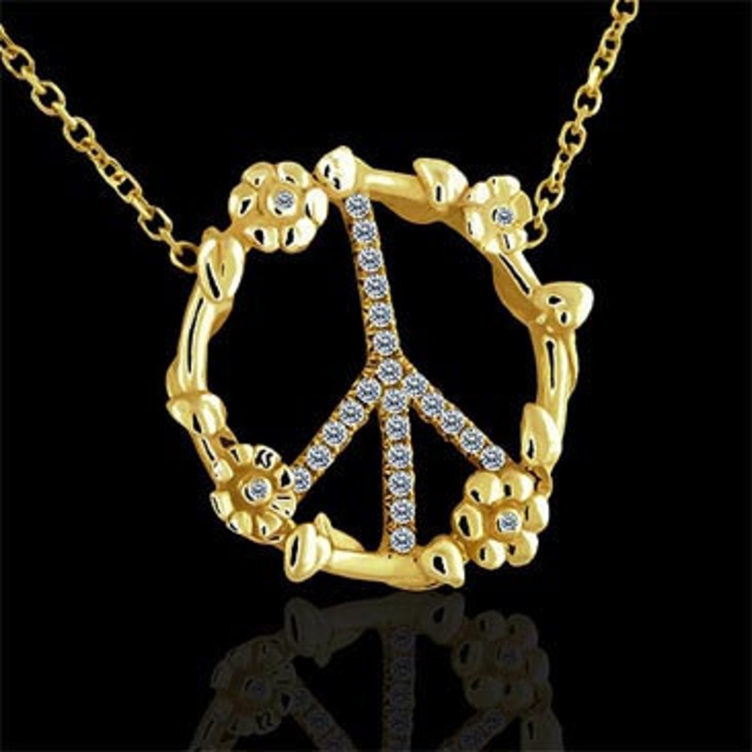 Diamond Peace Sign Necklace, Flower Peace Sign Gold Pendant, Floral ...