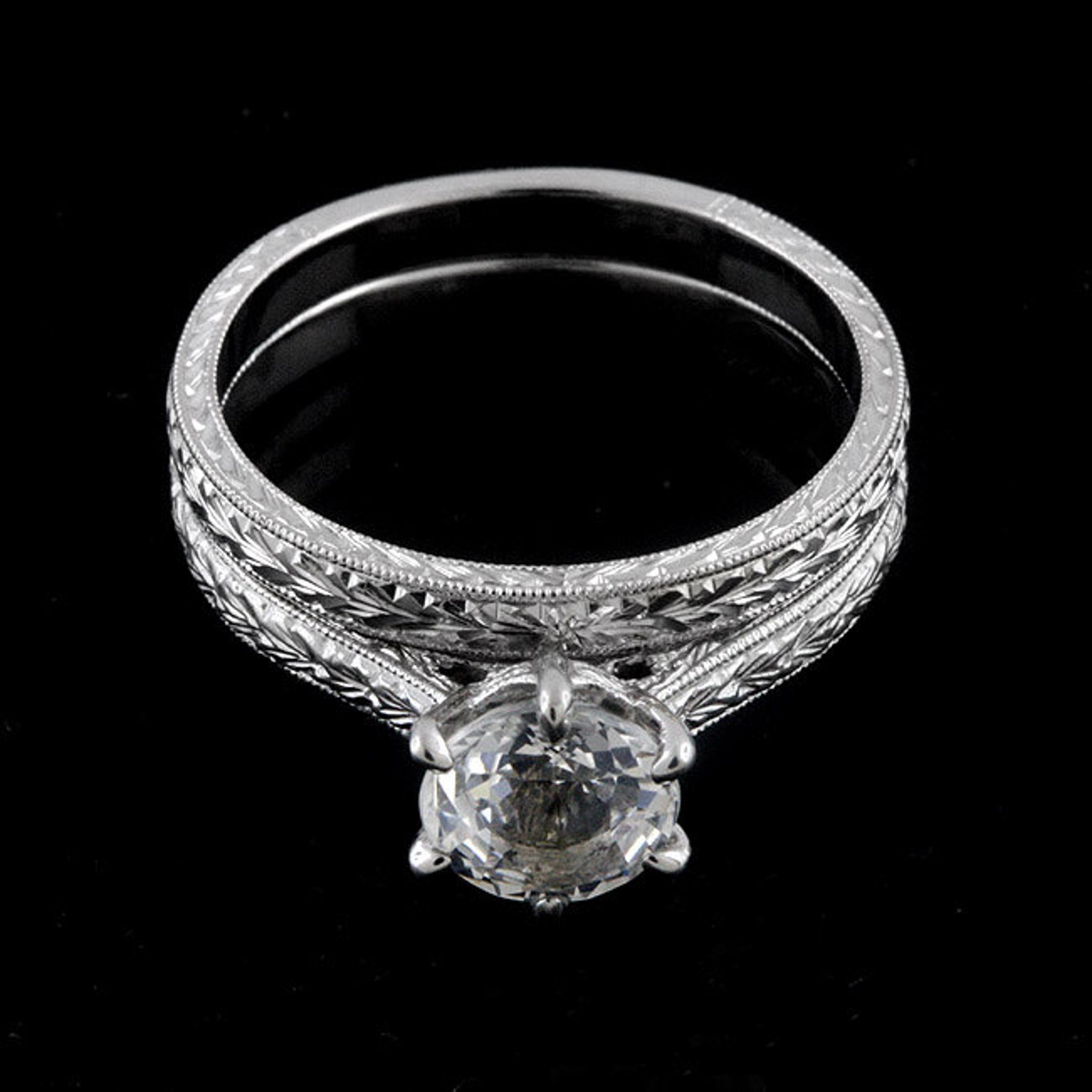 Silver Engraved Wedding Ring, Vintage Style Silver Band, Straight ...