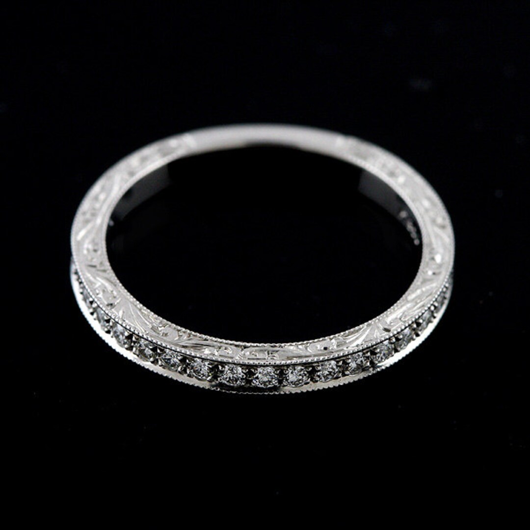 Diamond Wedding Ring, Scroll Swirl Engraved Wedding Band, Antique Style ...