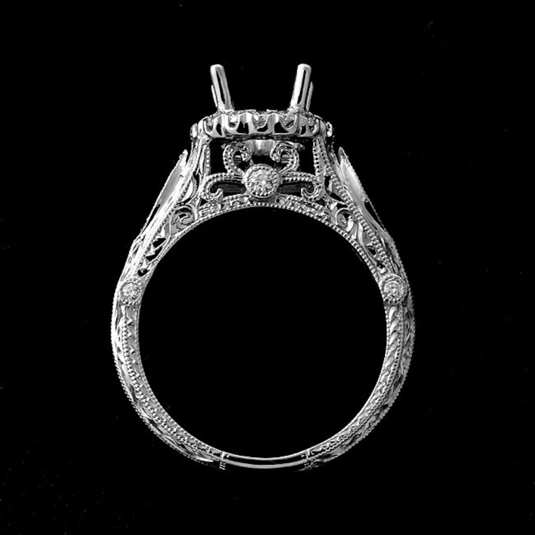 Filigree Engagement Ring, Hand Carved Vintage Ring, Halo Diamond ...