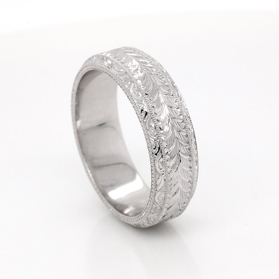 Engraved Men's Wedding Band, Art Deco Men's Ring, Milgrain Two Patterns ...