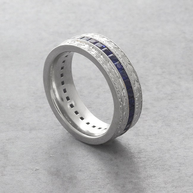 Sapphire Comfort Fit Men's Wedding Band, Princess Cut Sapphire, 7mm ...