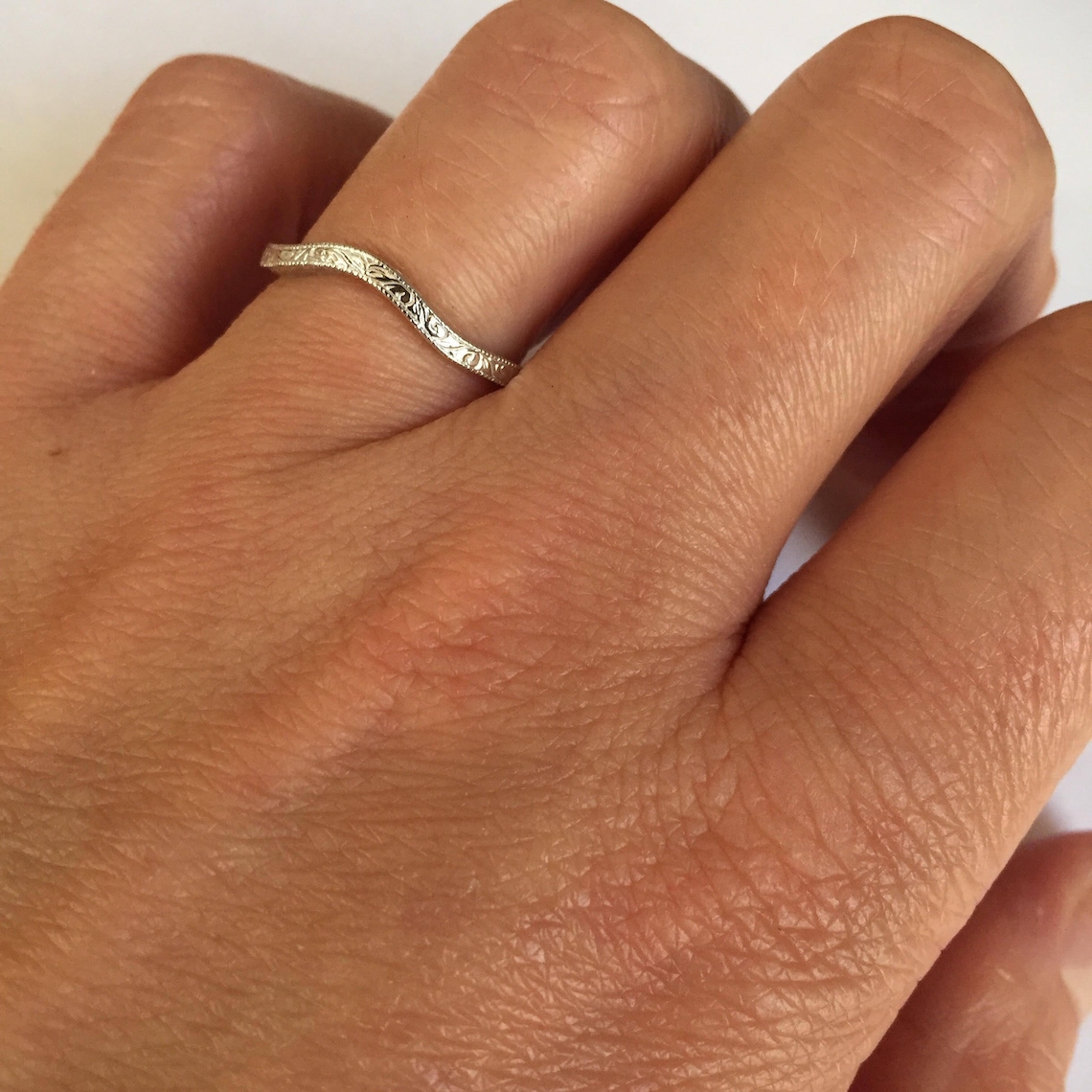 Thin Wedding Ring Engraved Weding Band Curved Delicate Band | Etsy