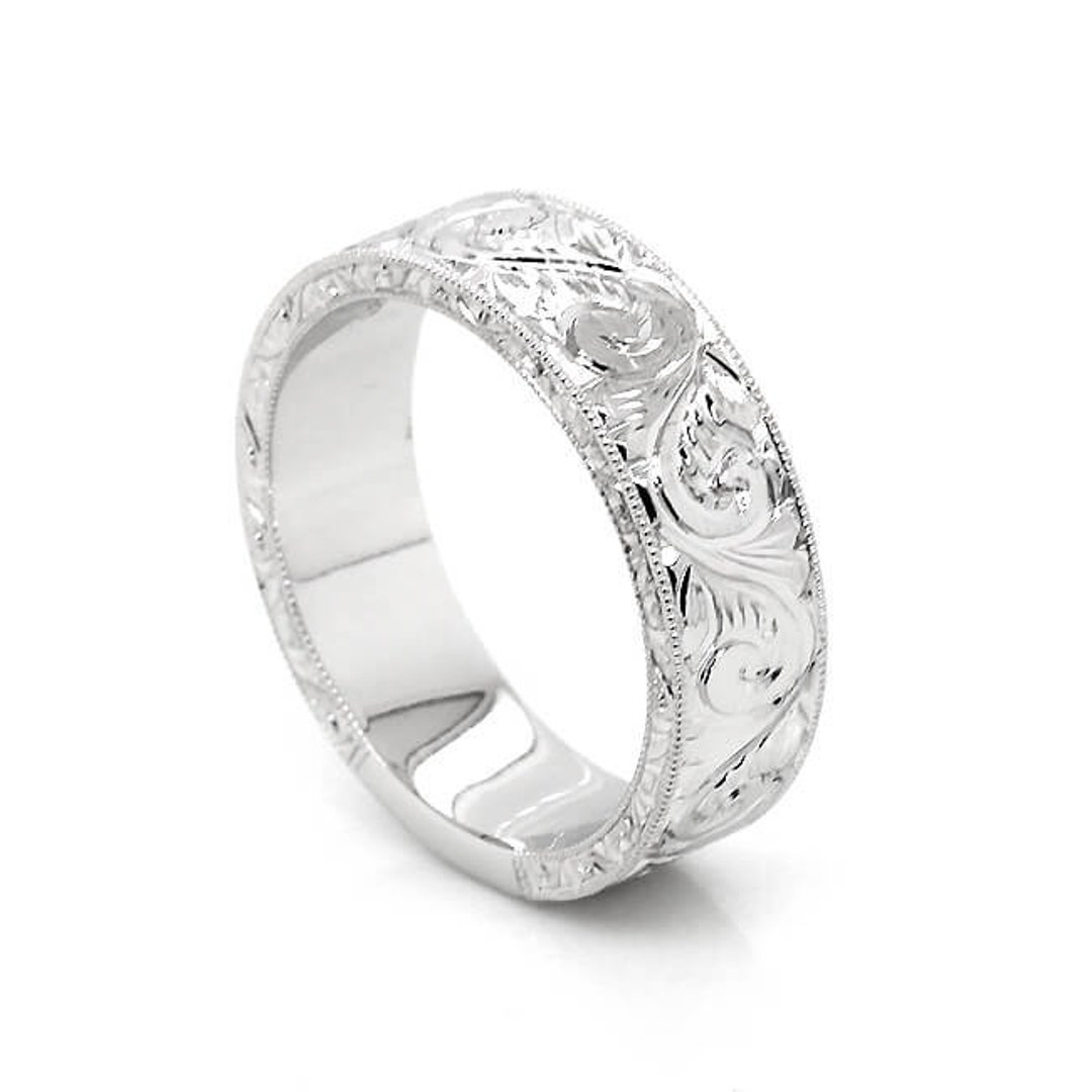 Men's Engraved Ring, Art Deco Men's Wedding Band, Hand Carved Sculpted ...