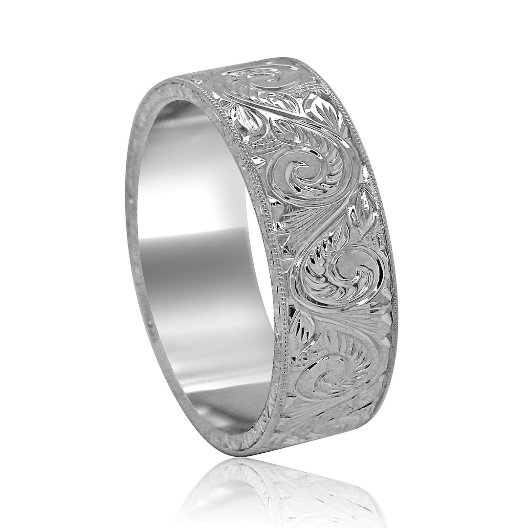 Men's Engraved Ring, Art Deco Men's Wedding Band, Hand Carved Sculpted ...