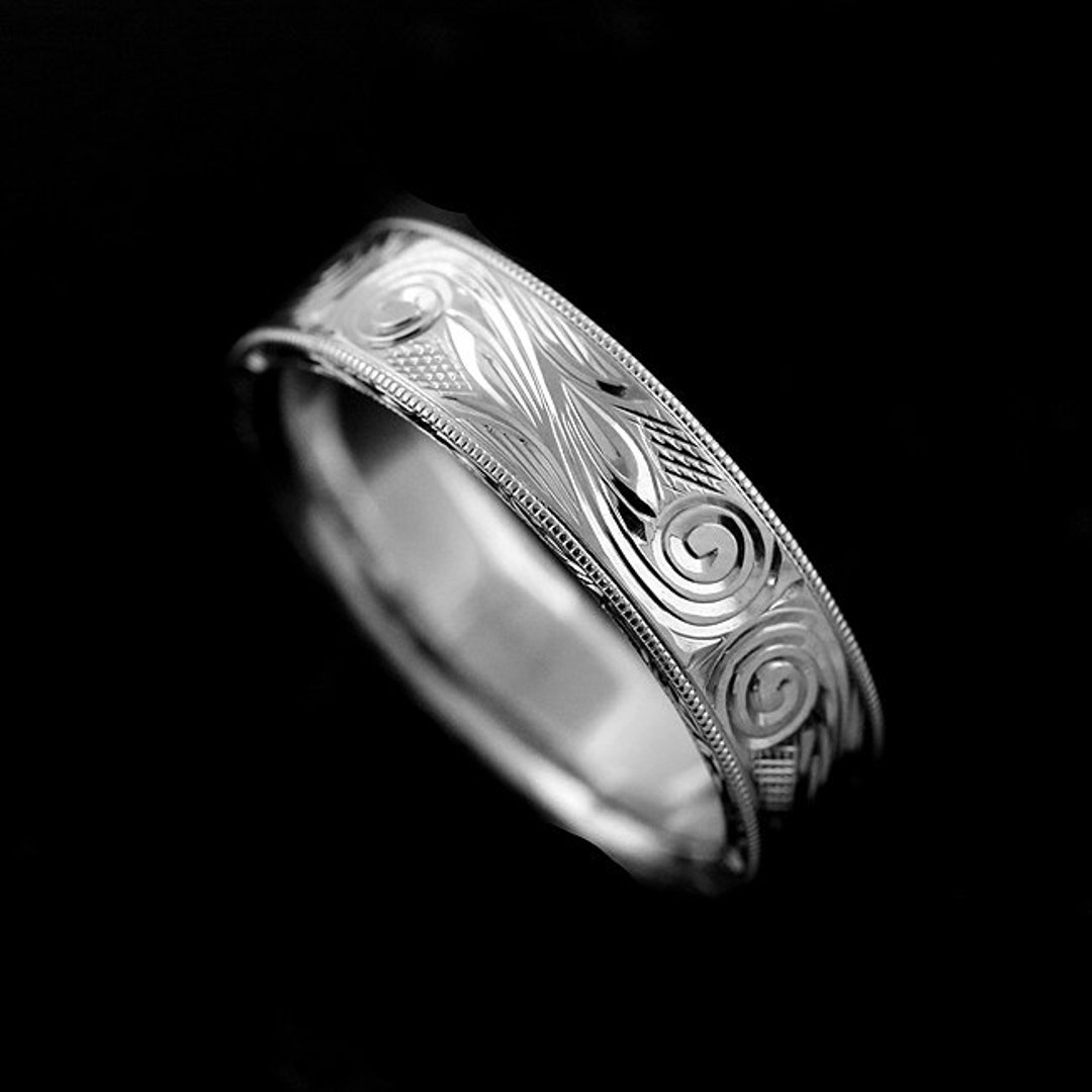 Scroll Engraved Men’s Wedding Band – Swirl Pattern Flat Comfort Fit ...