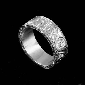Engraved Men's Wedding Ring, Art Deco Men's Ring, Scroll Pattern Carved ...