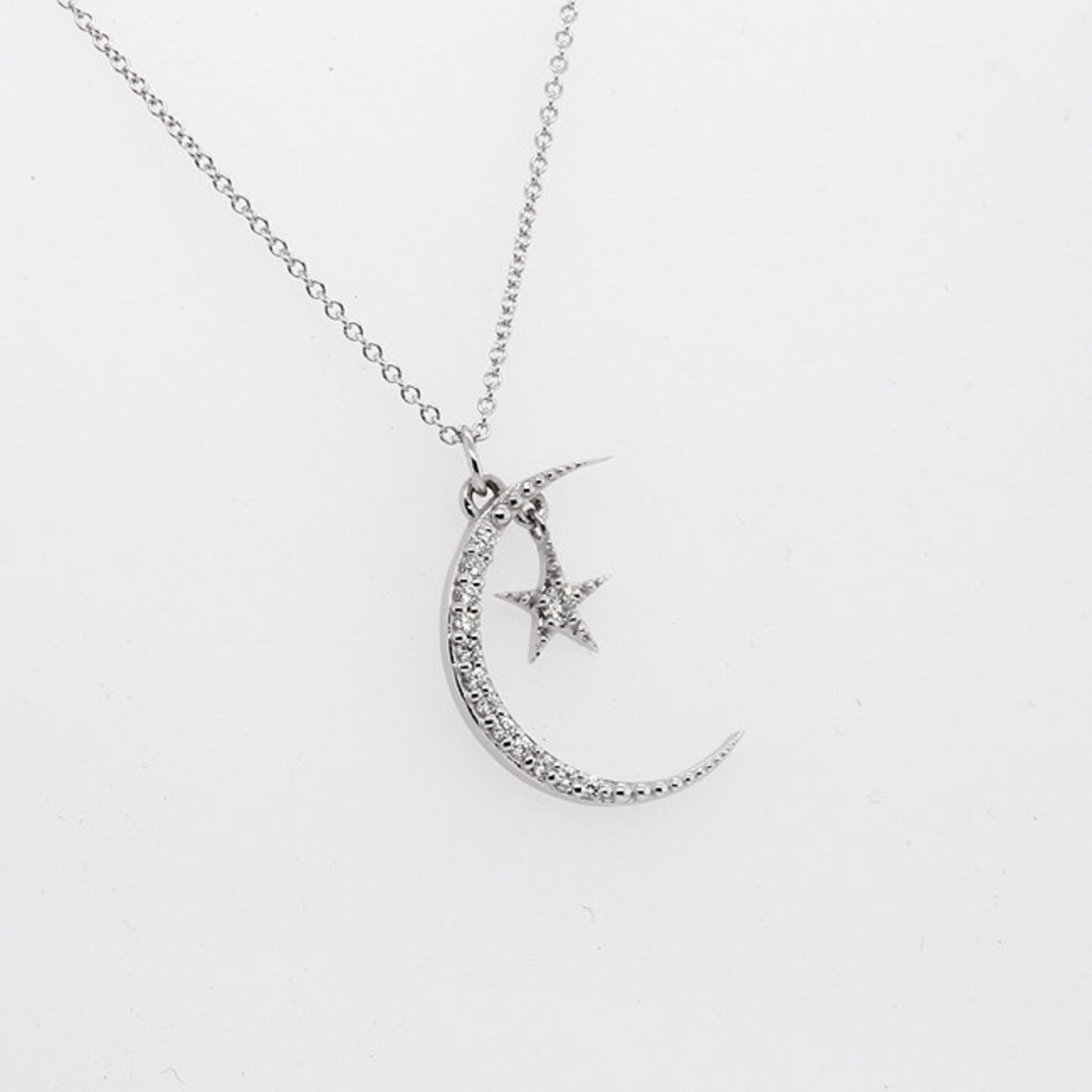 Diamond Moon and Star Necklace White Gold Crescent Moon - Etsy