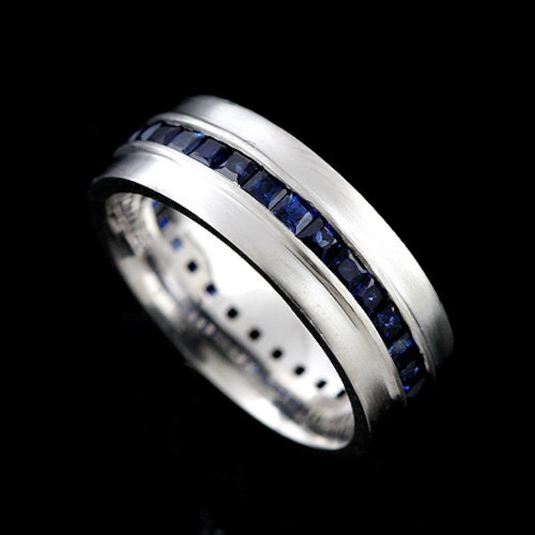 Sapphire Men's Wedding Band, Princess Blue Sapphires, Channel Set Men's ...