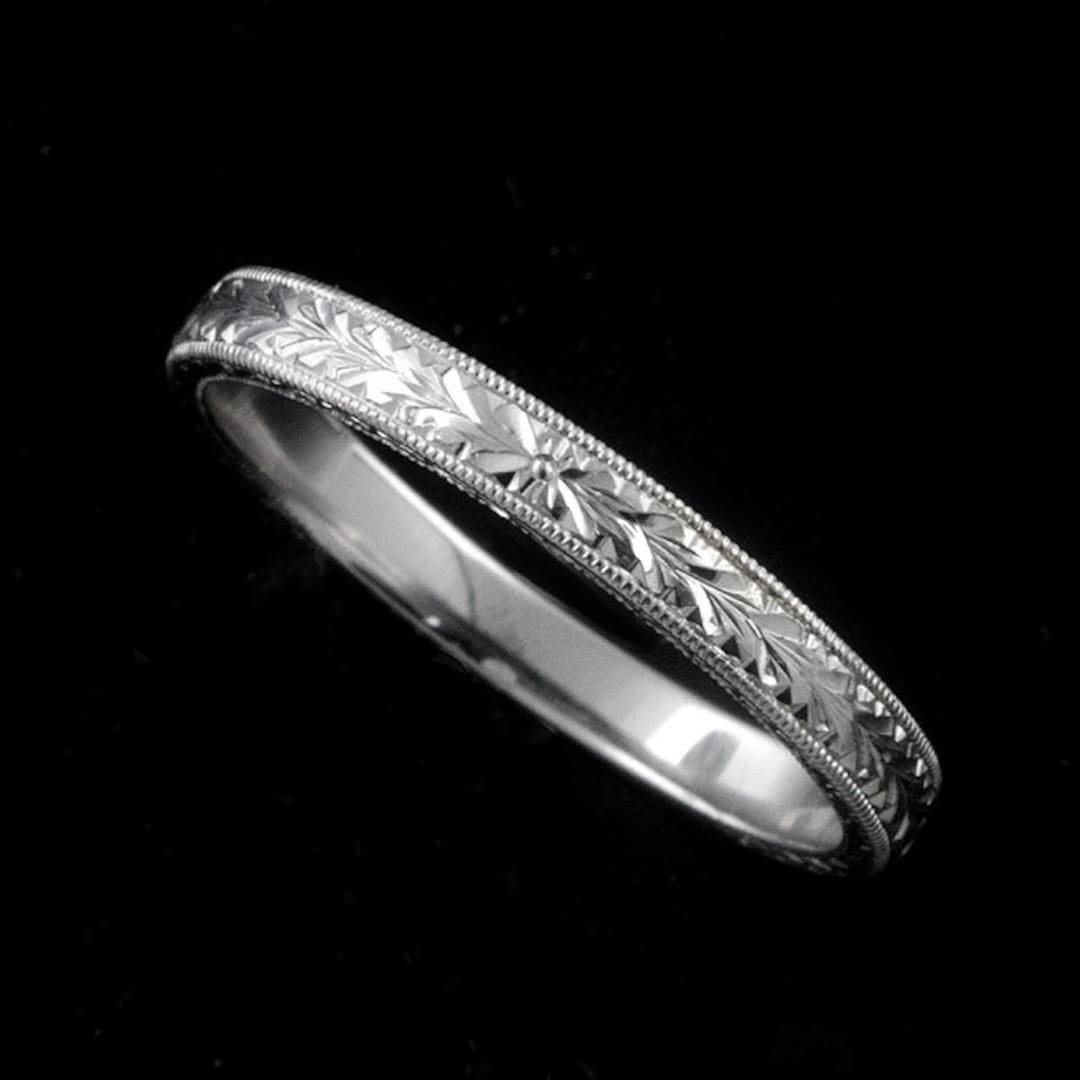 Silver Engraved Wedding Ring, Vintage Style Silver Band, Straight ...