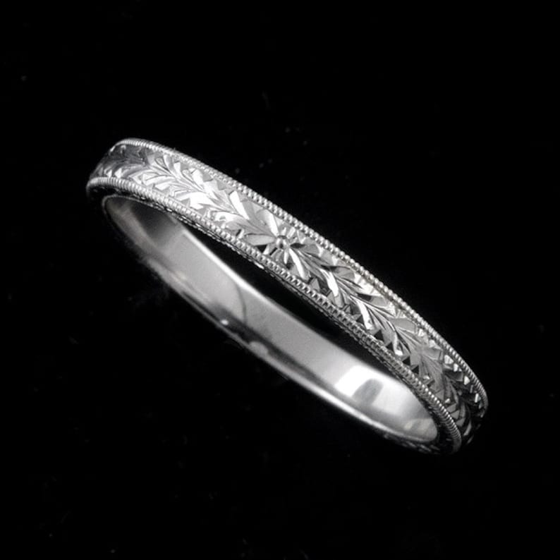 Silver Engraved Wedding Ring, Vintage Style Silver Band, Straight ...