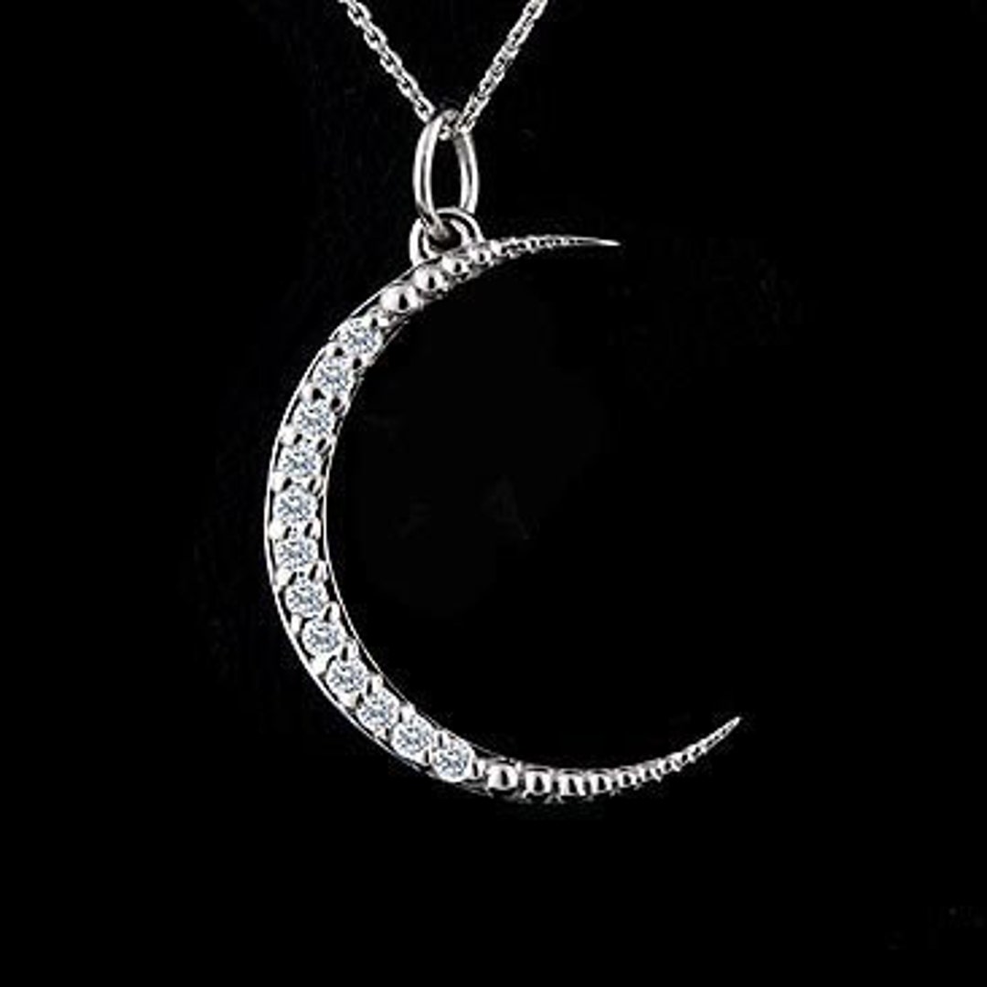 Diamond Moon Necklace, White Gold Crescent Moon Pendant, Gold Diamond ...