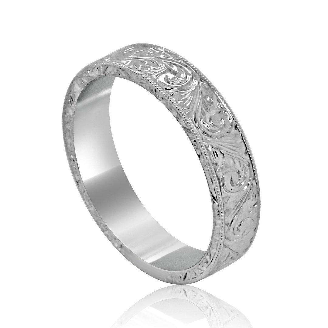 Edwardian Scroll Engraved Men’s Wedding Band – 4.5mm Flat Hand-carved ...