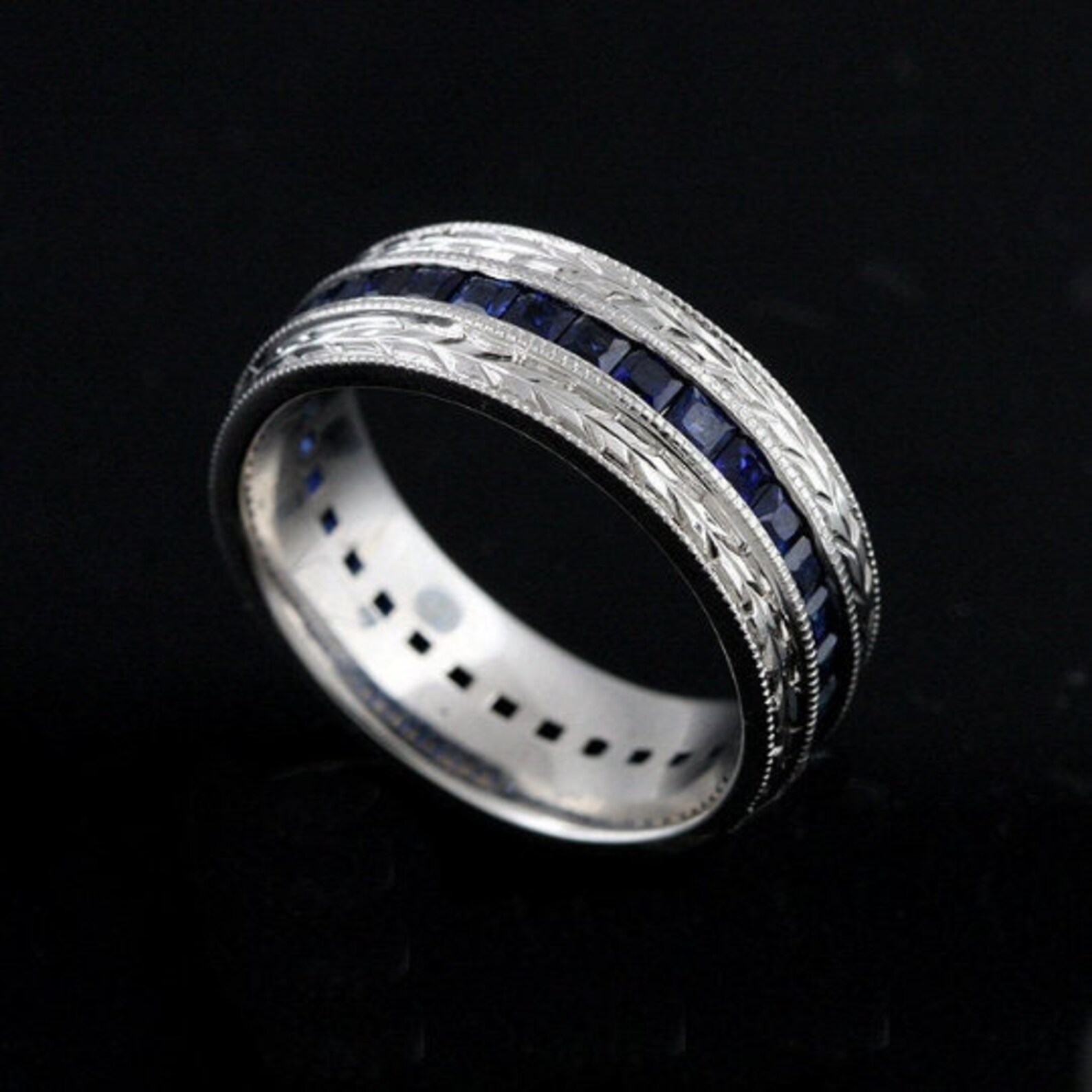 Sapphire Comfort Fit Men's Wedding Band, Princess Cut Sapphire, 7mm ...
