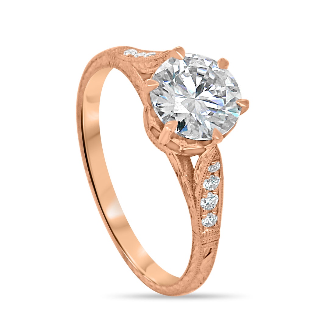 Antique Hand Carved Engagement Ring, Diamond Moissanite Vintage Ring ...
