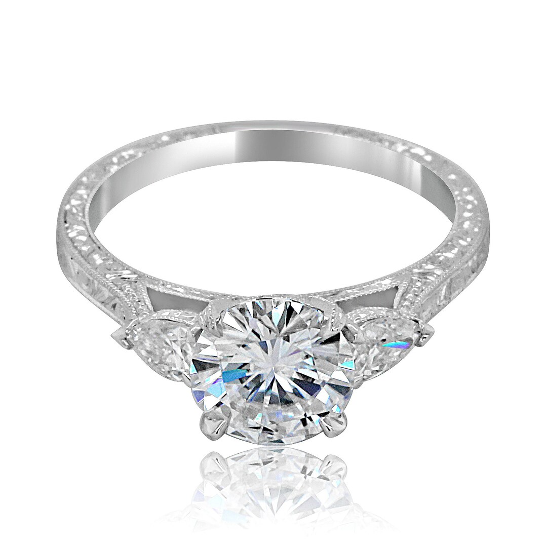 Cathedral 3 Stone Vintage Engagement Ring, Art Deco Hand Engraved ...
