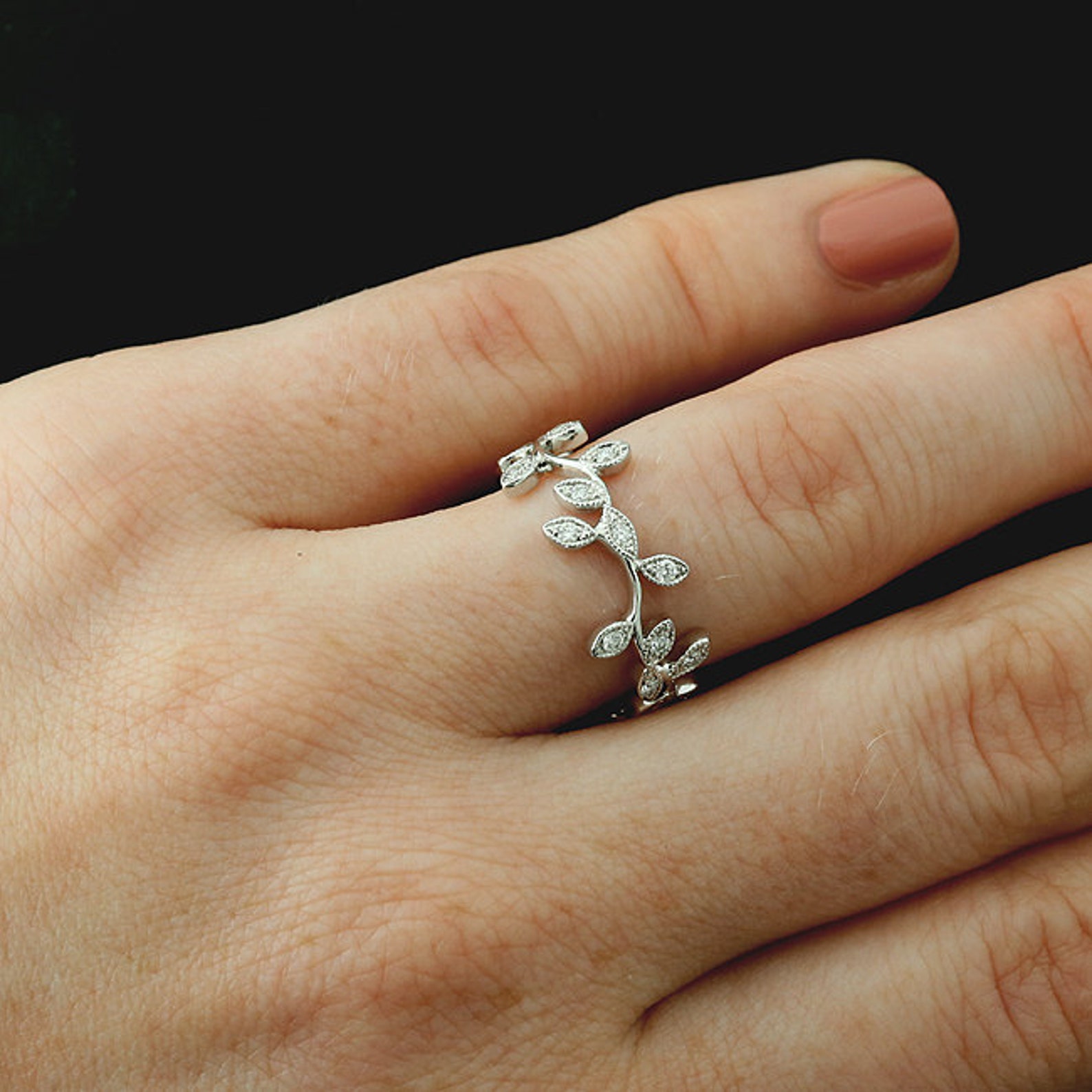 Leaf Diamond Band, Leaves Gold Wedding Ring, Organic Unique Wedding ...