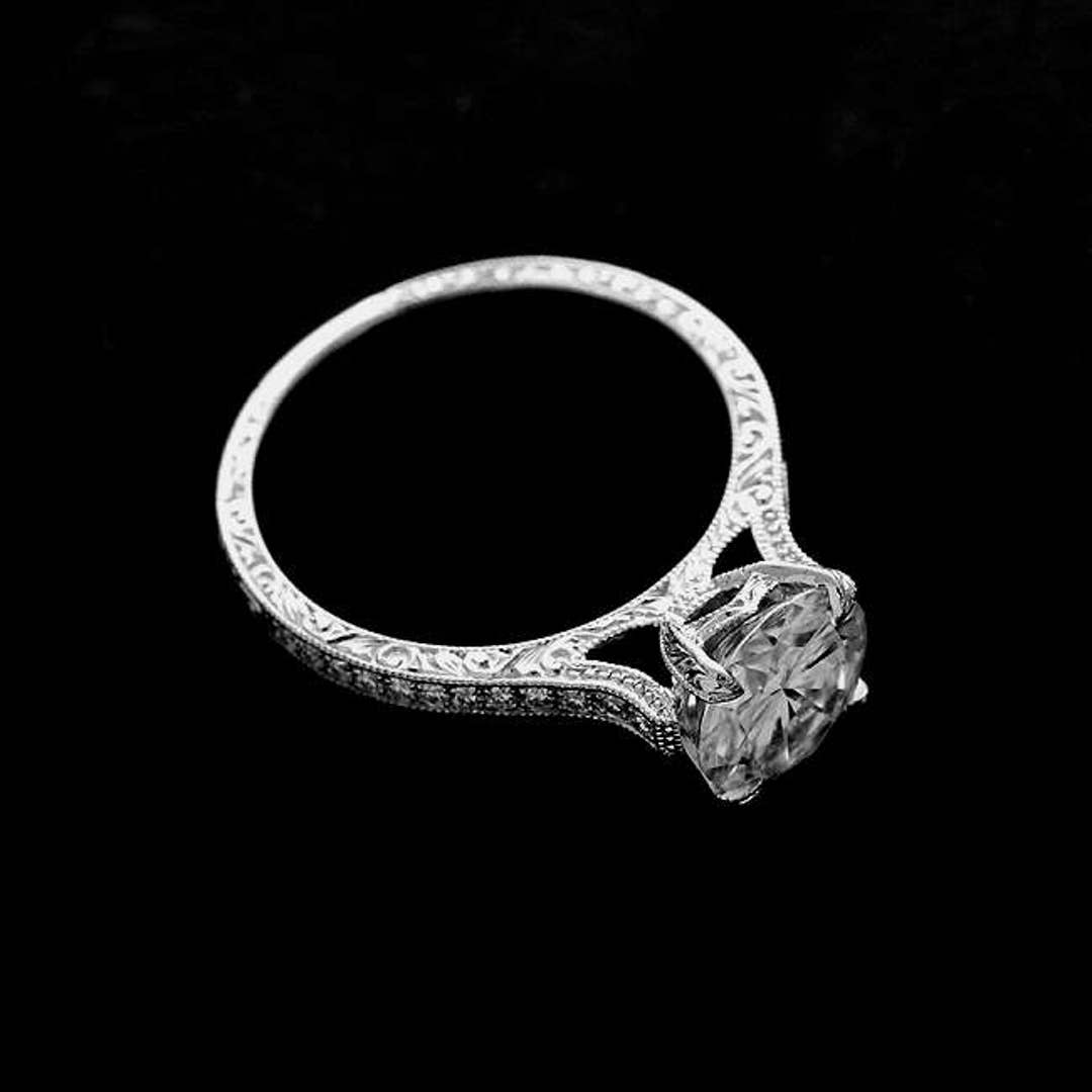 Semi Mount Engagement Ring, Vintage Hand Engraved Ring, Pave Diamond ...
