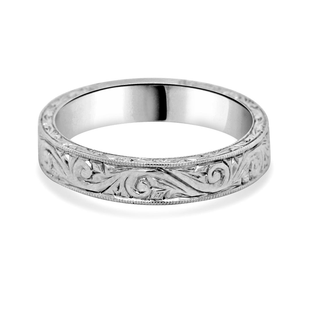 Engraved Men's Wedding Ring, Art Deco Scroll Style Wedding Band, Hand ...