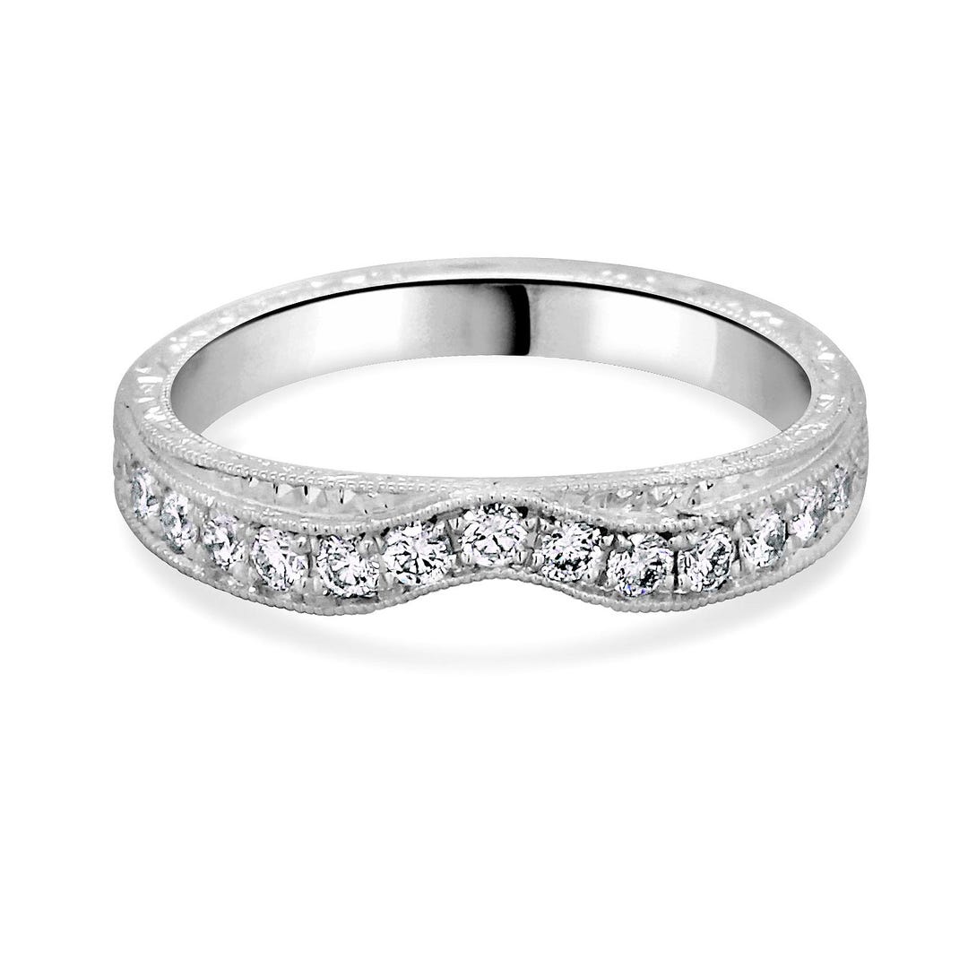 Art Deco Diamond Curved Band, Hand Engraved Vintage Pave Diamond Ring ...