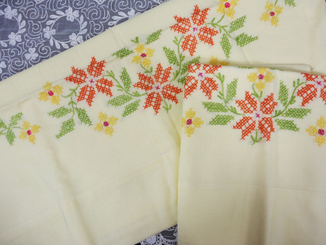 Yellow Embroidered Standard Pillowcases Cross Stitch - Etsy